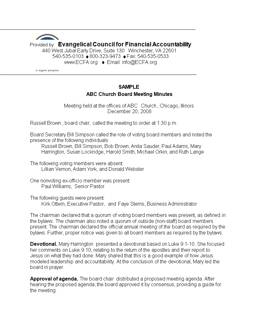Church Board Of Directors Meeting Minutes Template Invitation