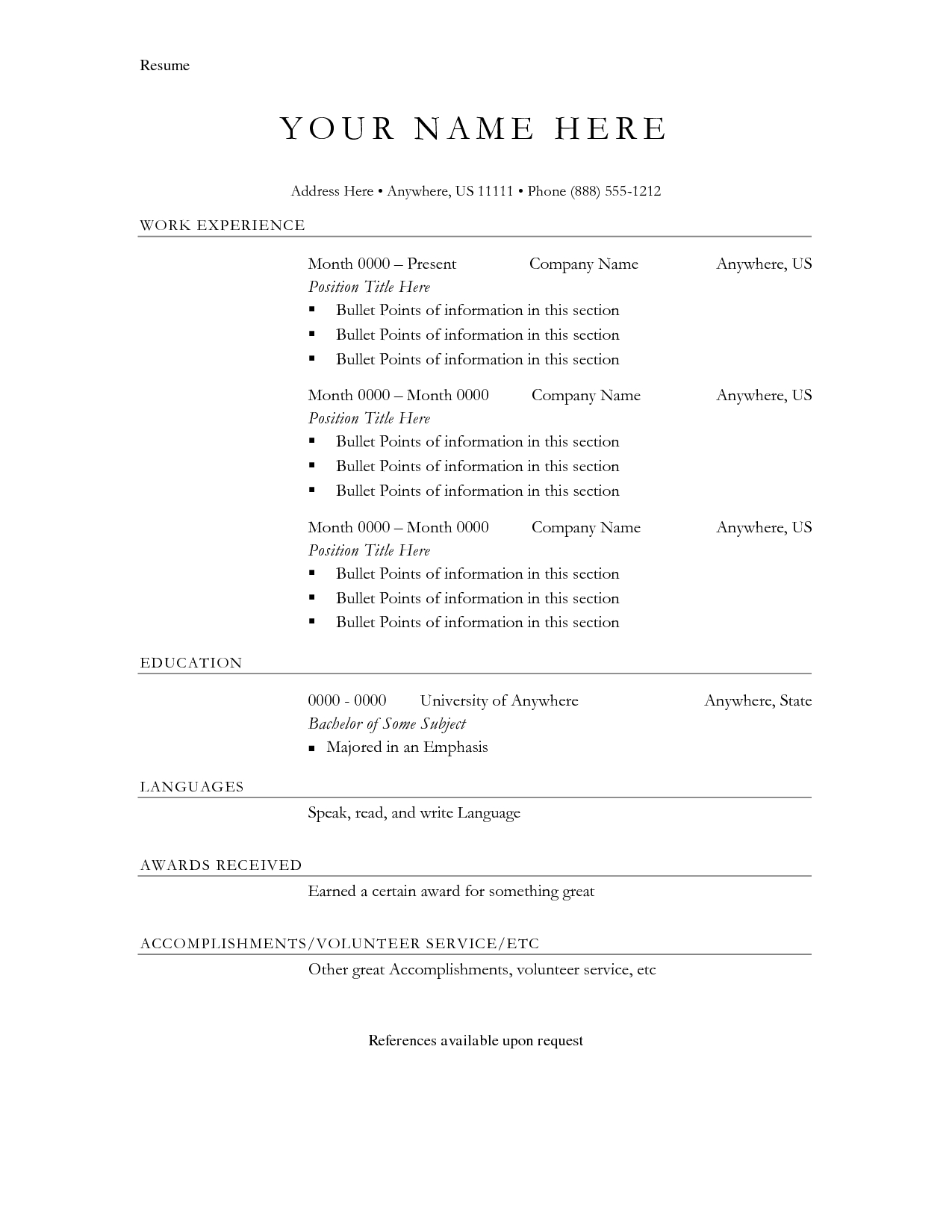 Resume Template With Bullets Invitation Template Ideas