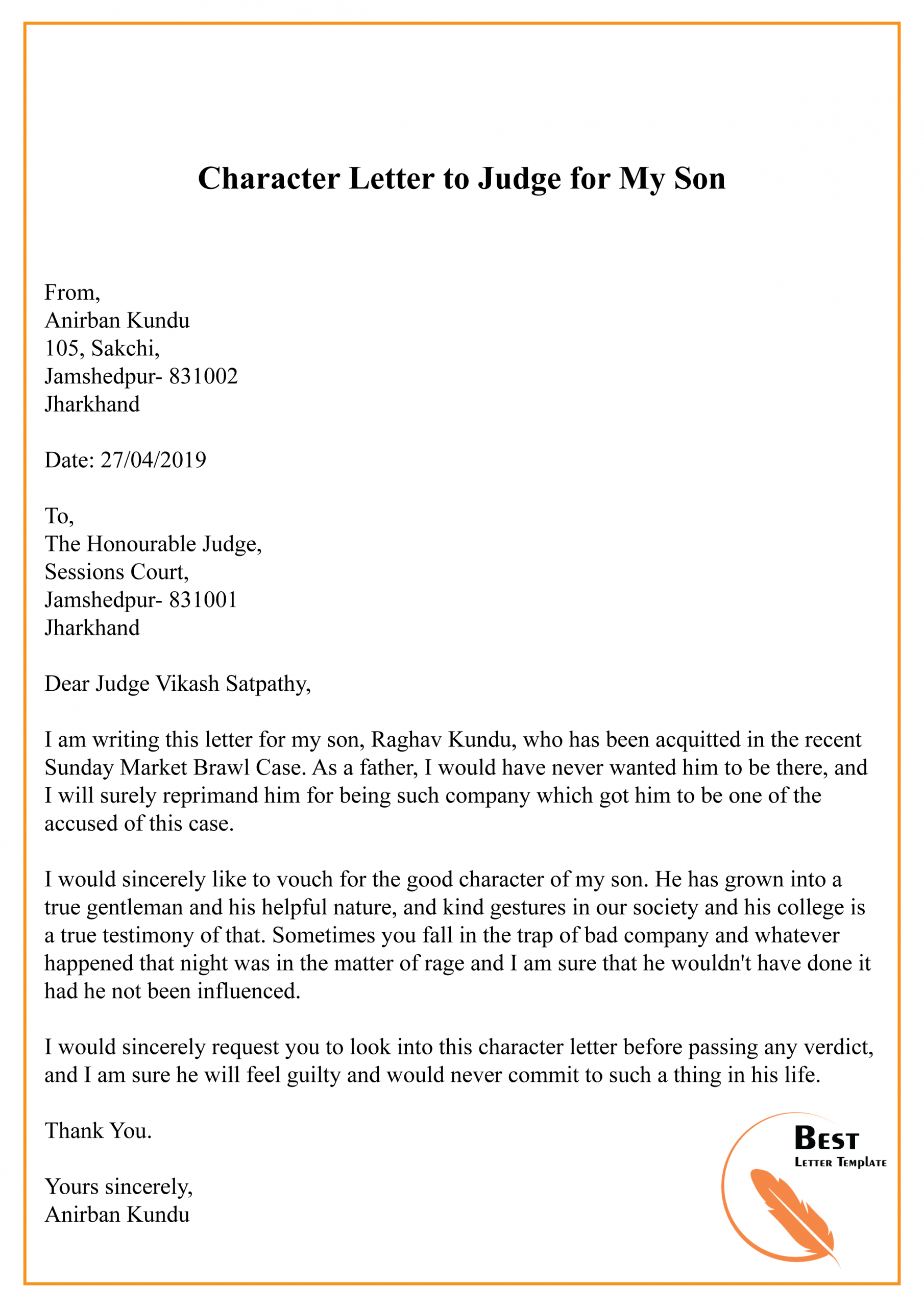 Character Reference Letter For Son Invitation Template Ideas
