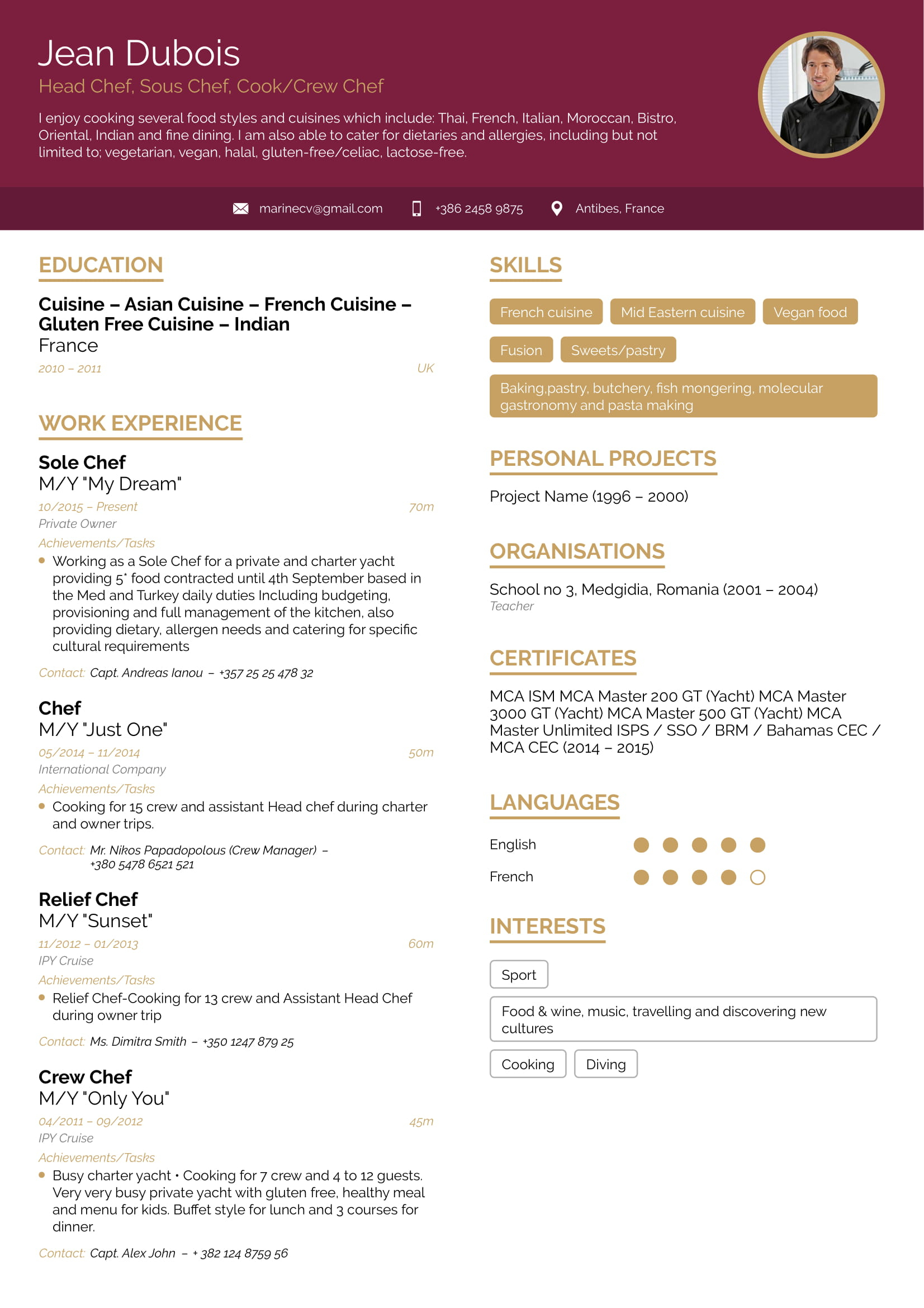 Free Yacht Chef Cv Template Invitation Template Ideas