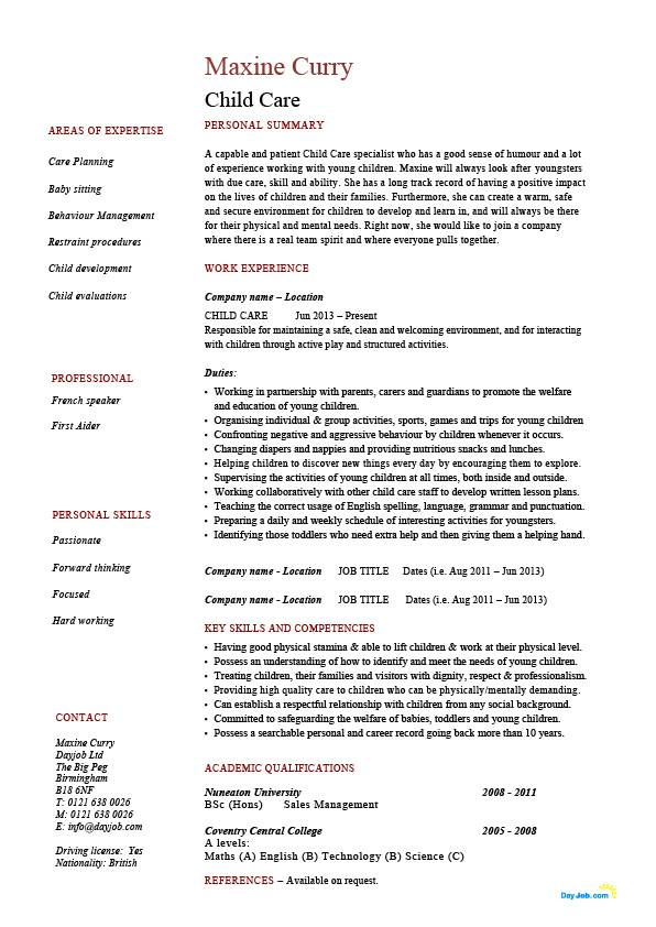 Cv Template For Child Care Worker Invitation Template Ideas