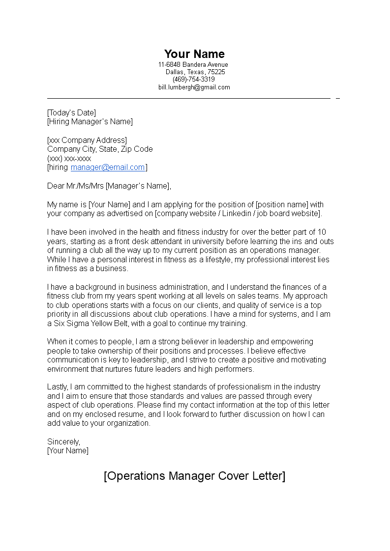 Cover Letter For Operation Manager Invitation Template Ideas