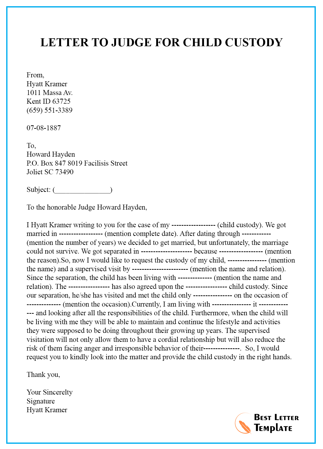 Sample Letter To Judge From Mother For Child Custody
