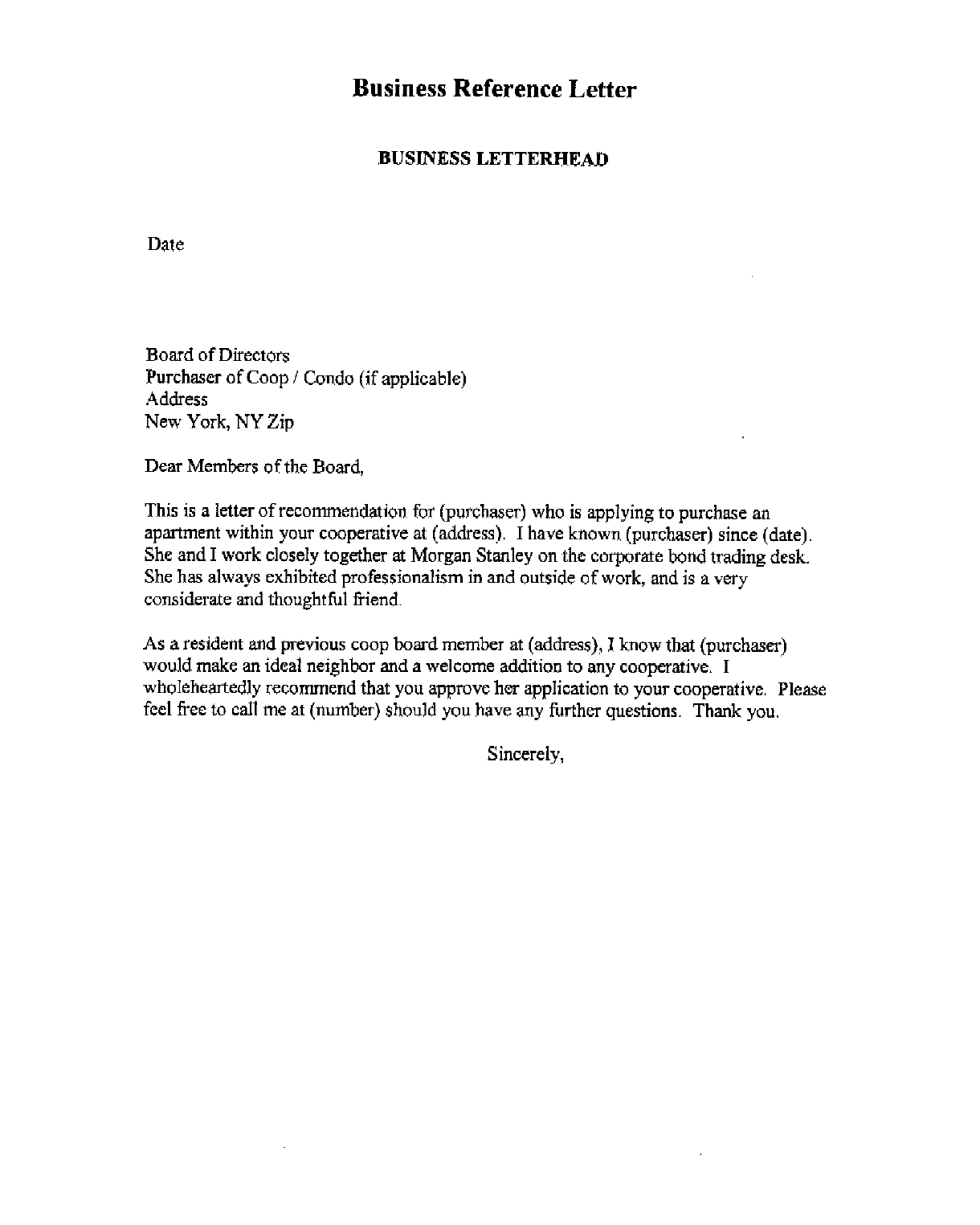 Co Op Board Business Reference Letter Invitation Template Ideas