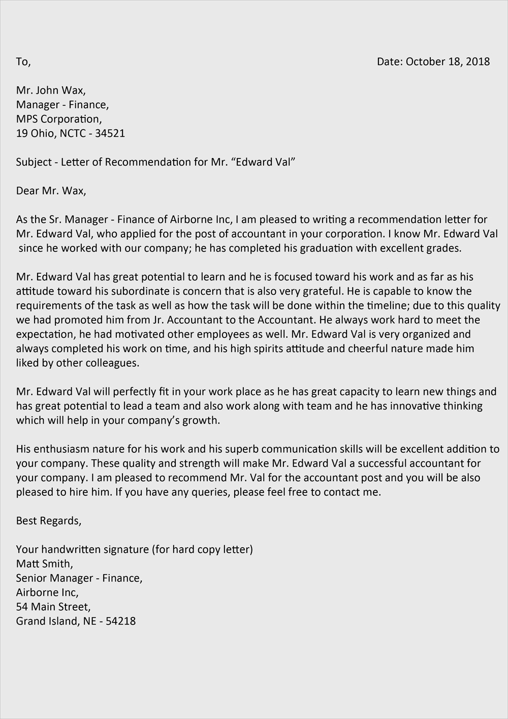 Recommendation Letter For Chief Accountant Invitation Template Ideas