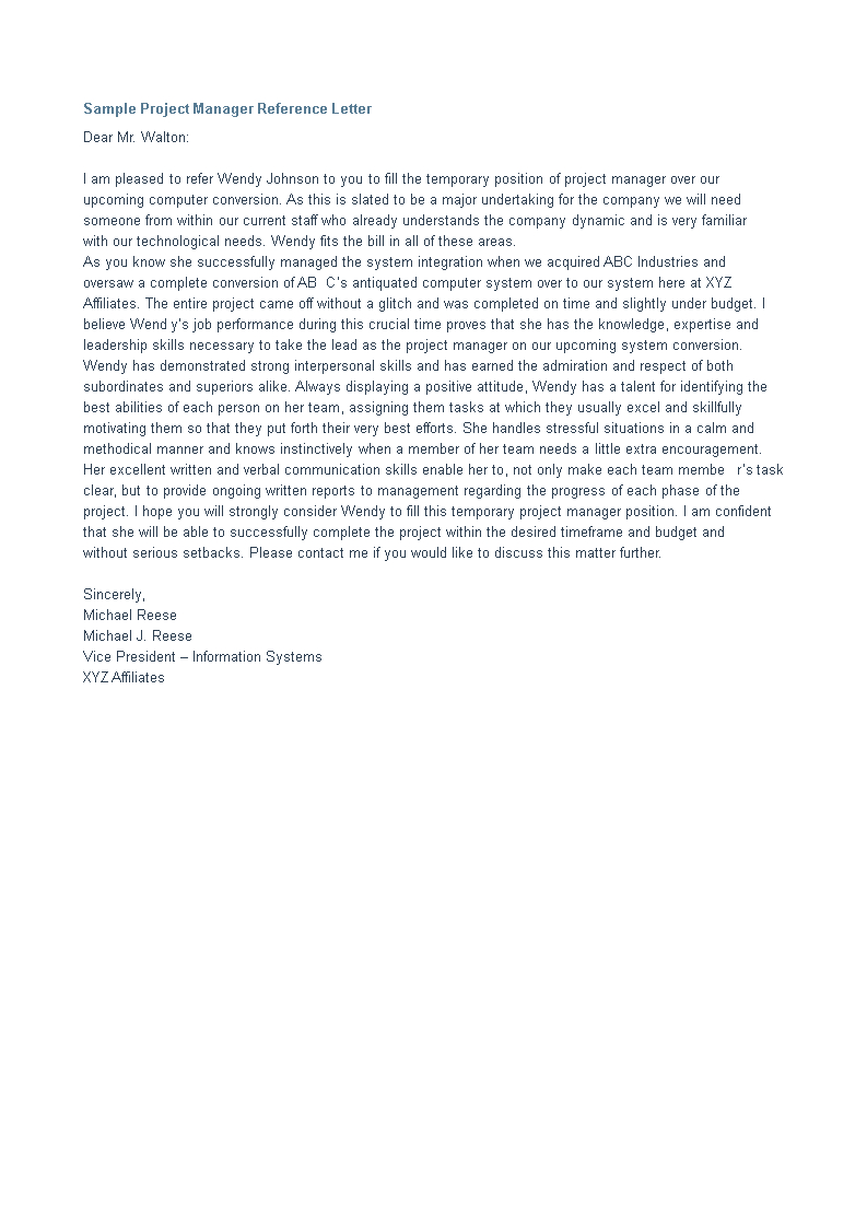Letter Of Recommendation Sample For Project Manager Invitation 