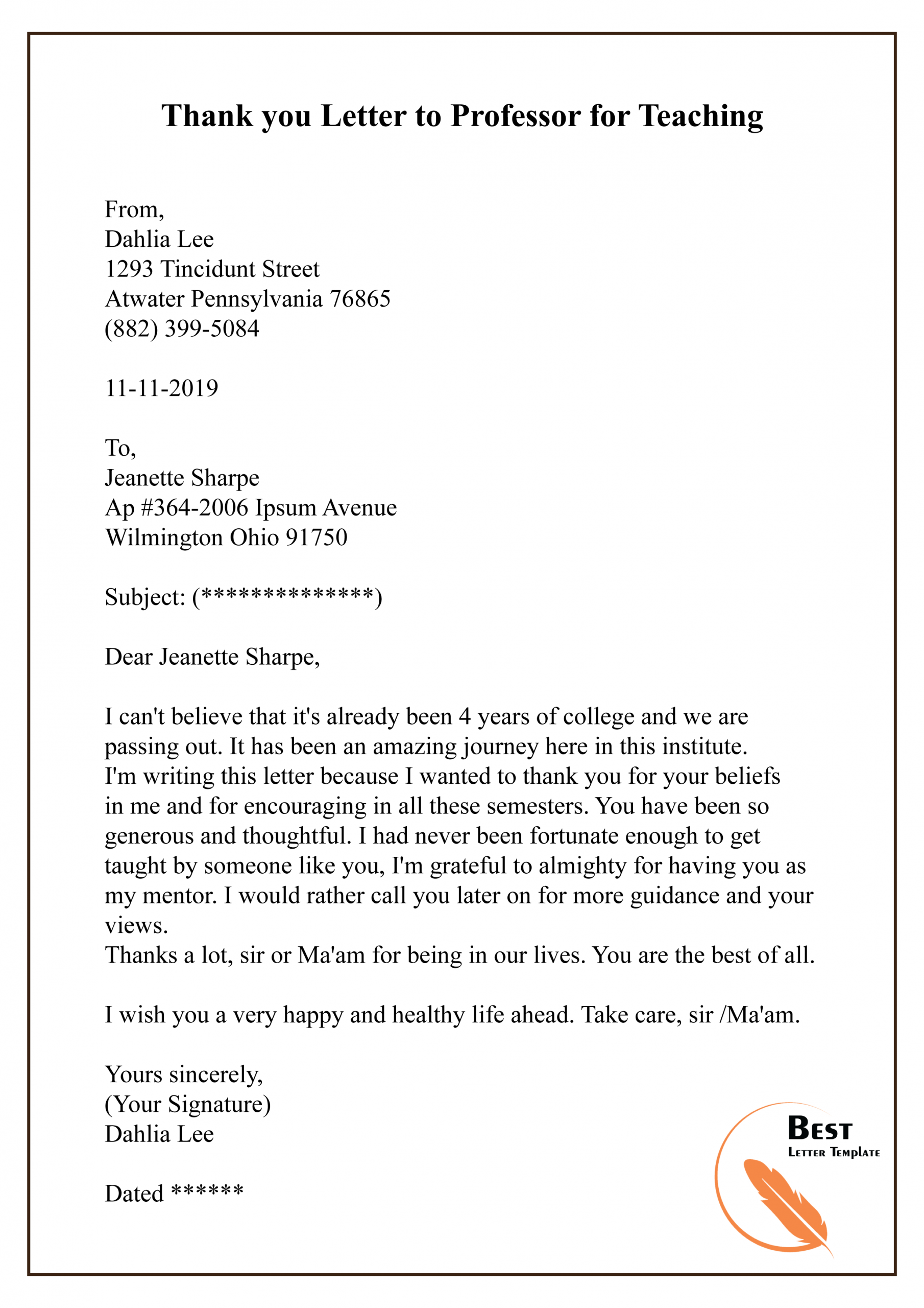 Thank You Letter To Professor For Letter Of Recommendation Invitation 