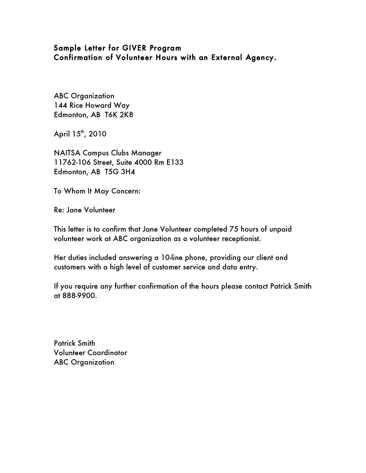 Example Of A Letter Of Recommendation For A Volunteer Invitation 
